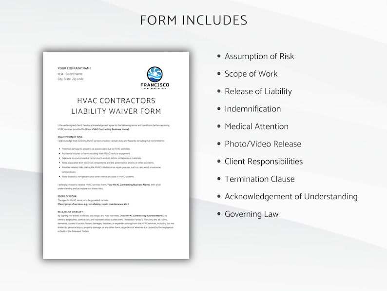 HVAC Contractor Liability Waiver Form: Editable Template (A4, US Letter ...