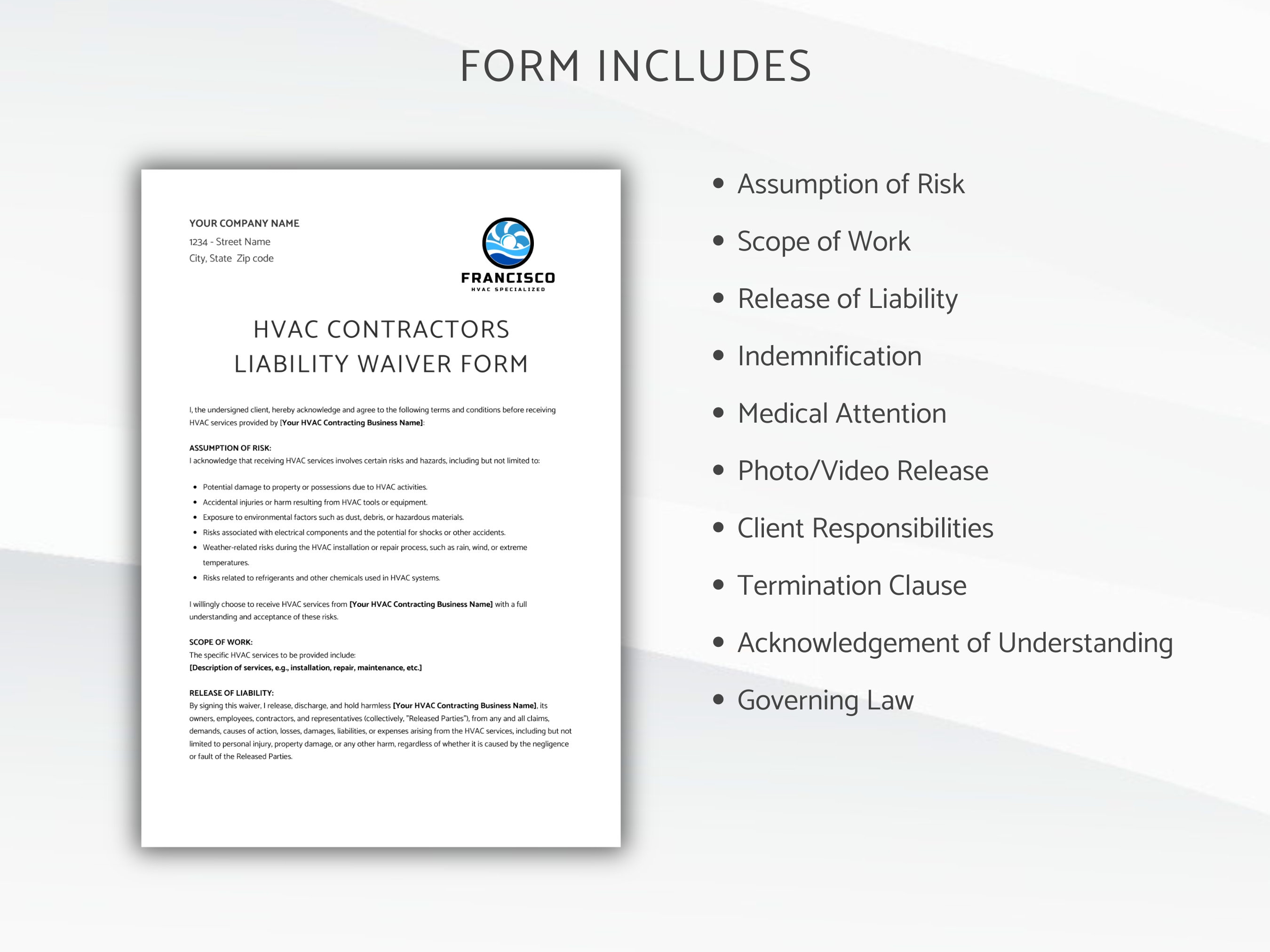 HVAC Contractor Liability Waiver Form: Editable Template (A4, US Letter ...