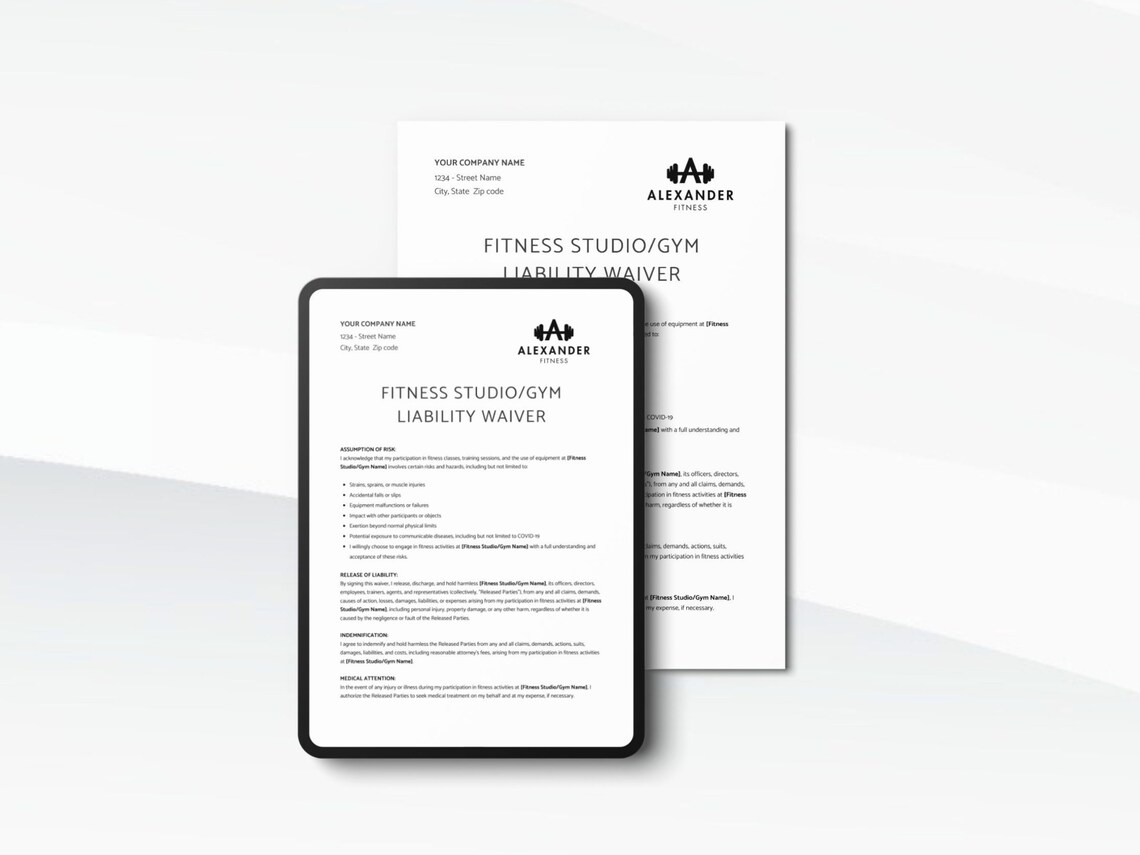 Fitness Studio / Gym Liability Waiver Document, Release of Liability ...