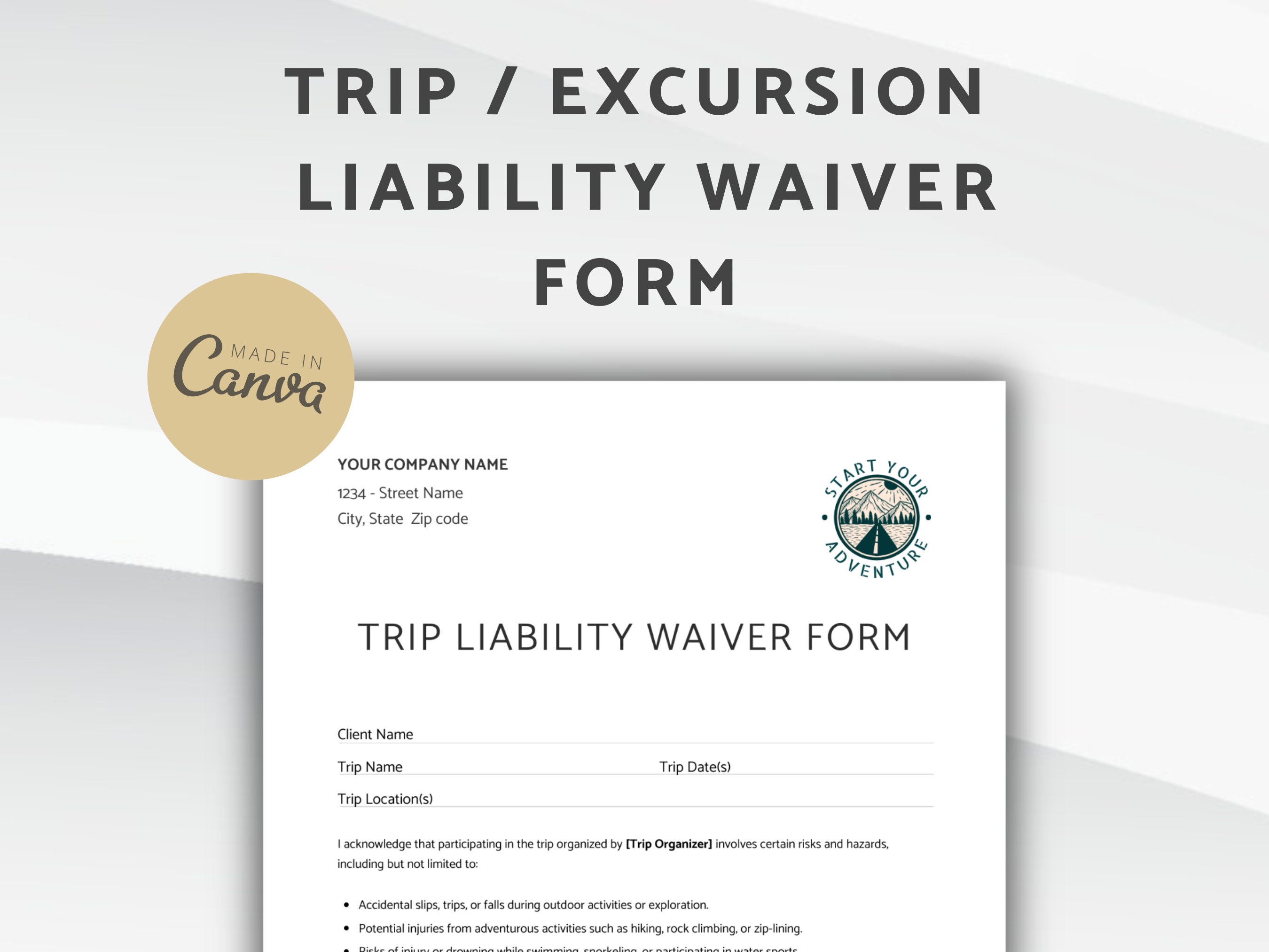 Editable Trip Liability Waiver Template: Adventure Tour Contract (A4/US ...