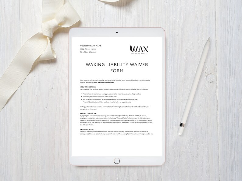 Waxing Liability Waiver Form, Release of Liability Agreement, Editable ...