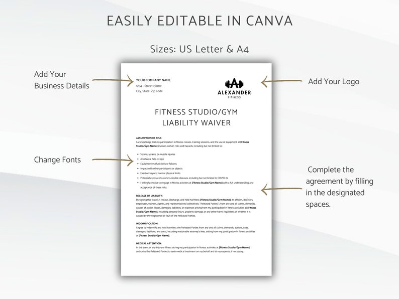 Fitness Studio / Gym Liability Waiver Document, Release of Liability ...