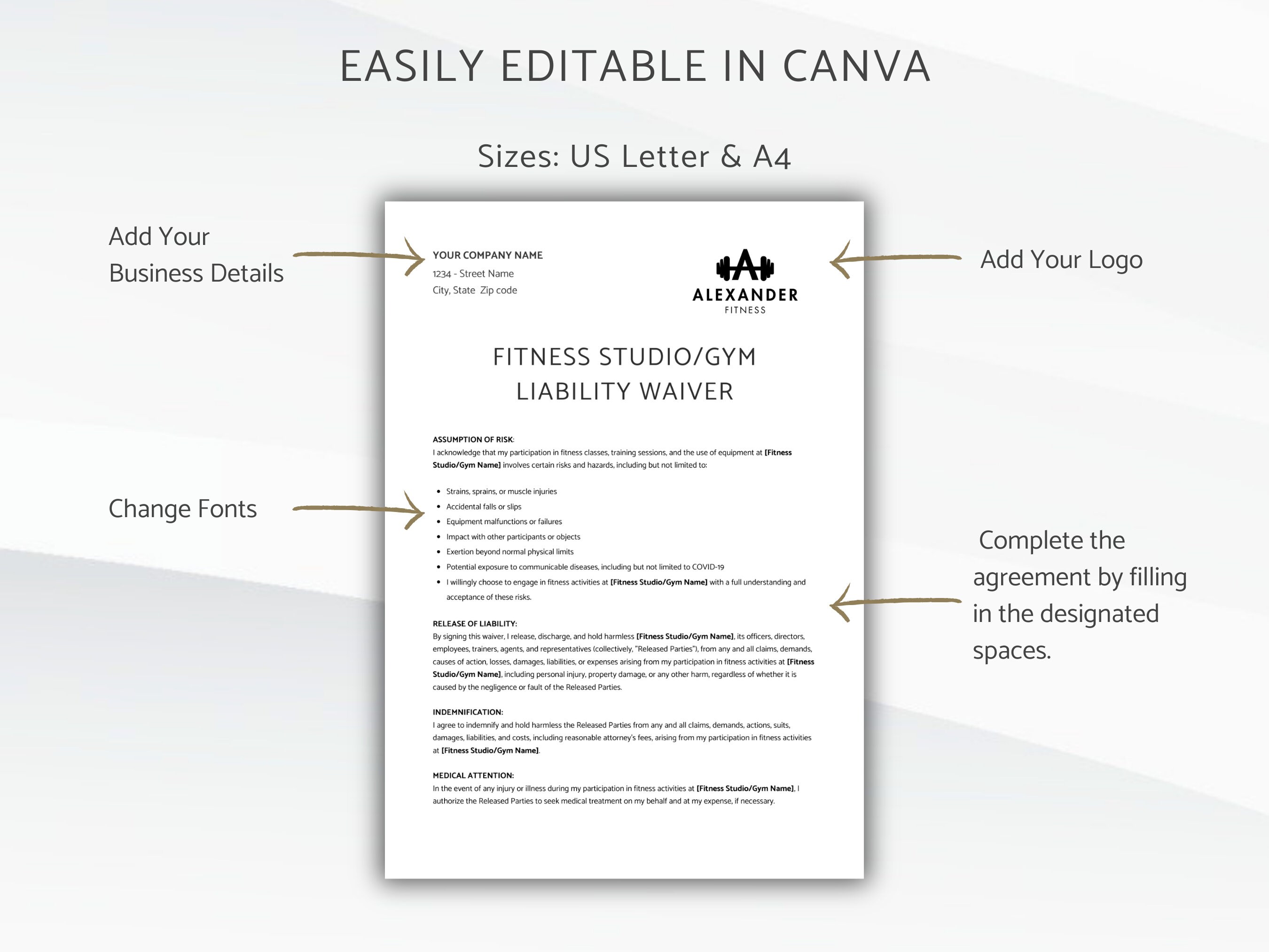 Fitness Studio / Gym Liability Waiver Document, Release of Liability ...
