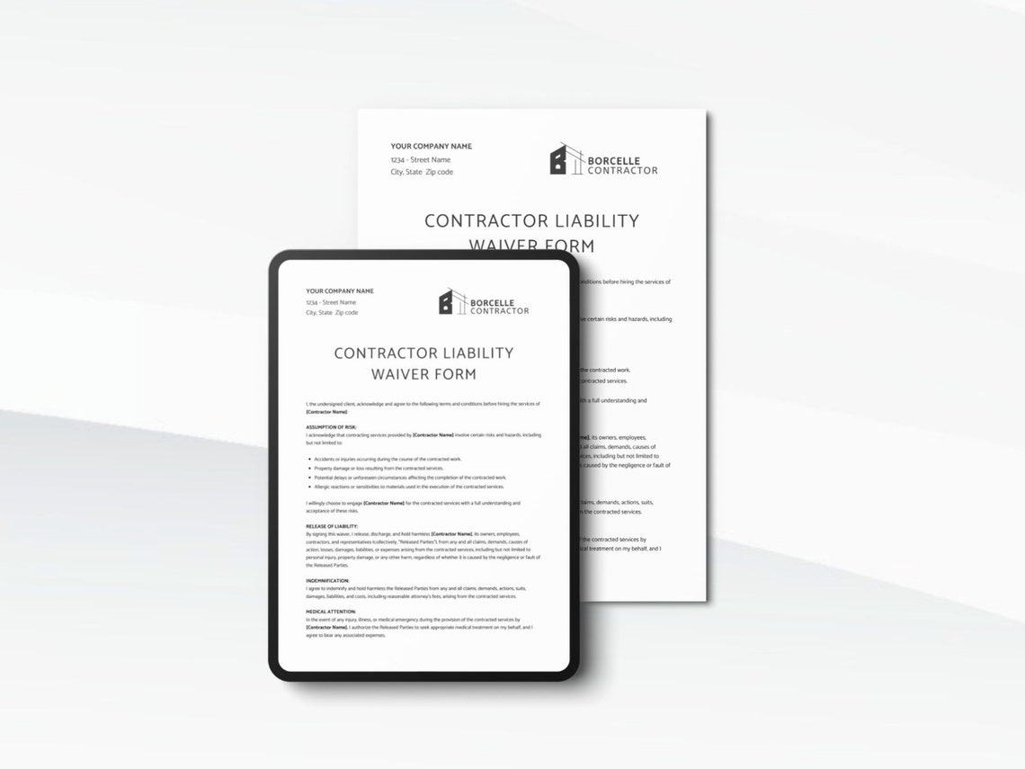 Contractor Liability Waiver Template: Editable Agreement Form (A4/US ...