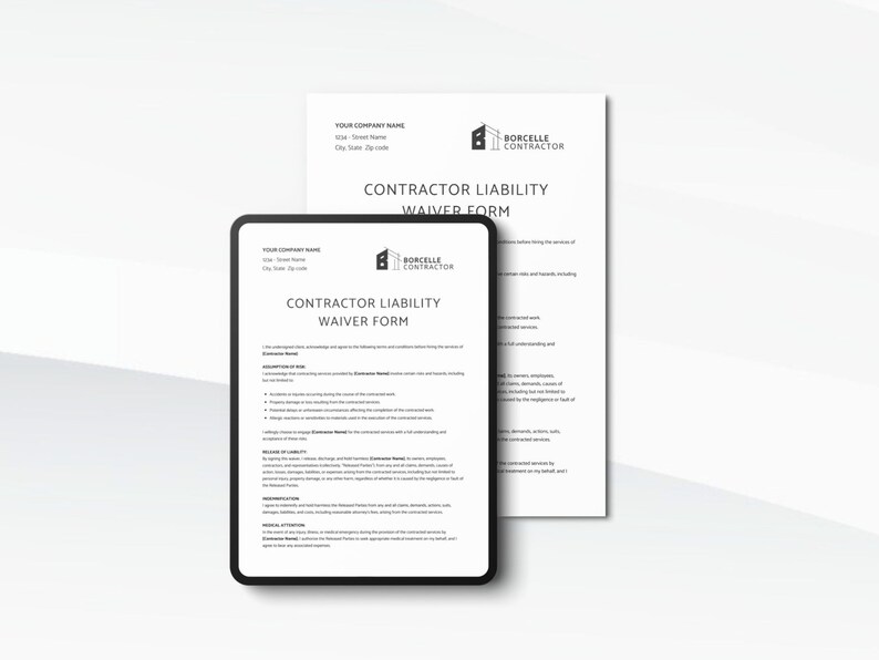 Contractor Liability Waiver Template: Editable Agreement Form (A4/US ...