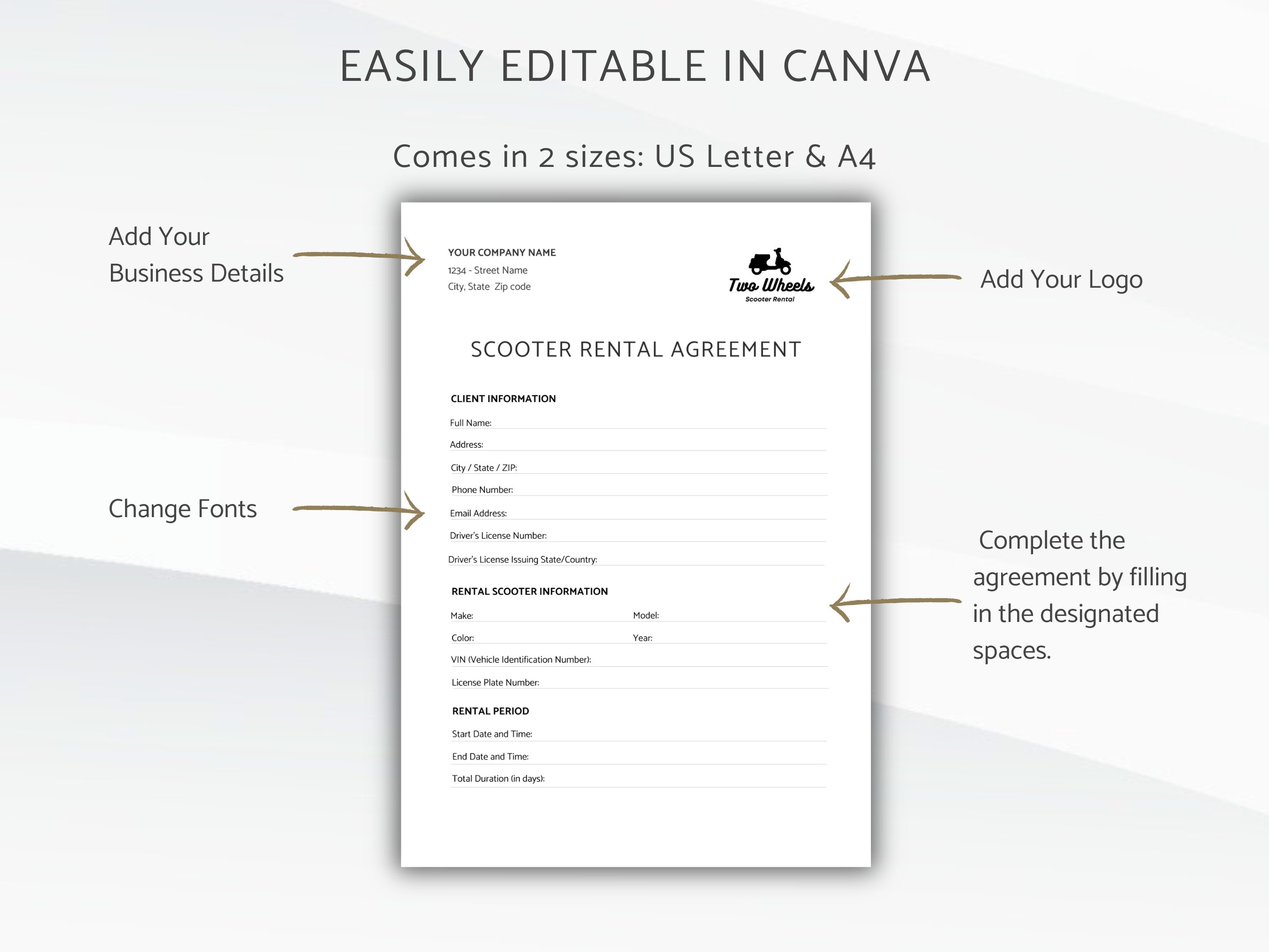 Scooter Rental Agreement Template, Editable Bike Contract (canva) - Etsy