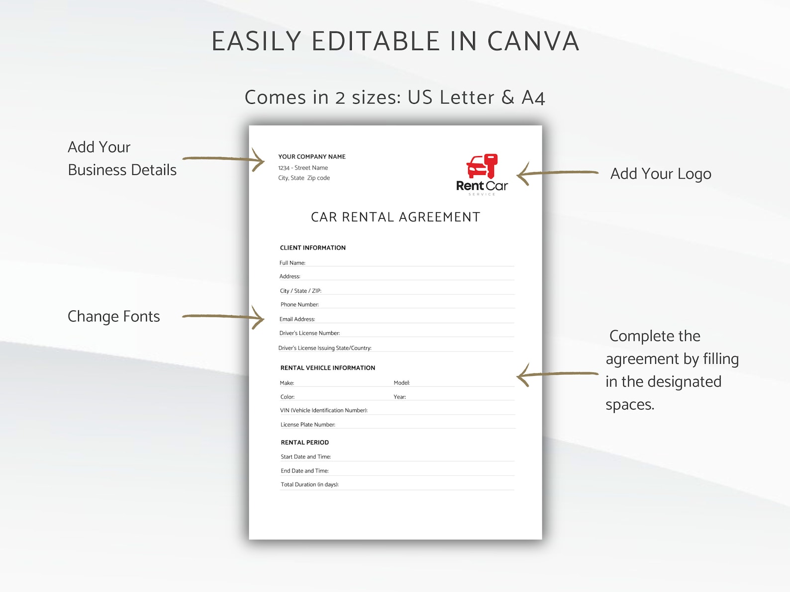 Car Rental Agreement, Vehicle Rental Contract, Automobile Rent Template ...