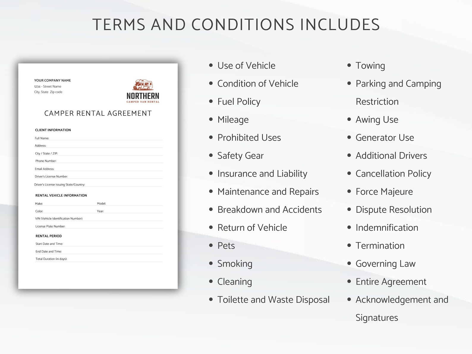 Camper Rental Agreement, RV Rental Contract, Motorhome Rent Template ...