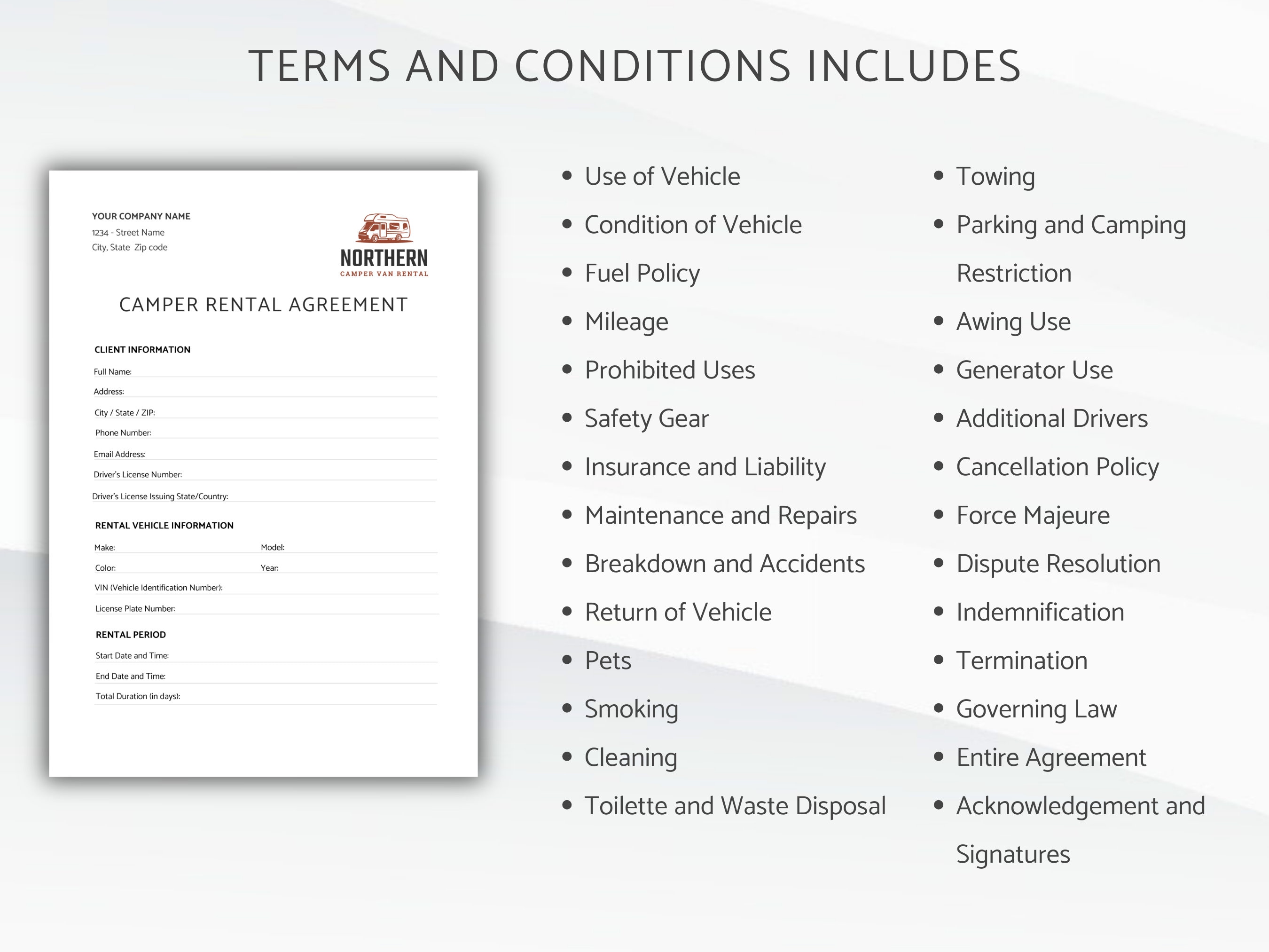Camper Rental Agreement, RV Rental Contract, Motorhome Rent Template ...