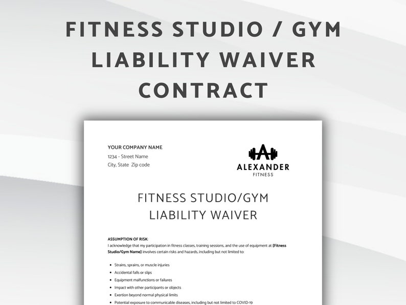 Fitness Studio / Gym Liability Waiver Document, Release of Liability ...