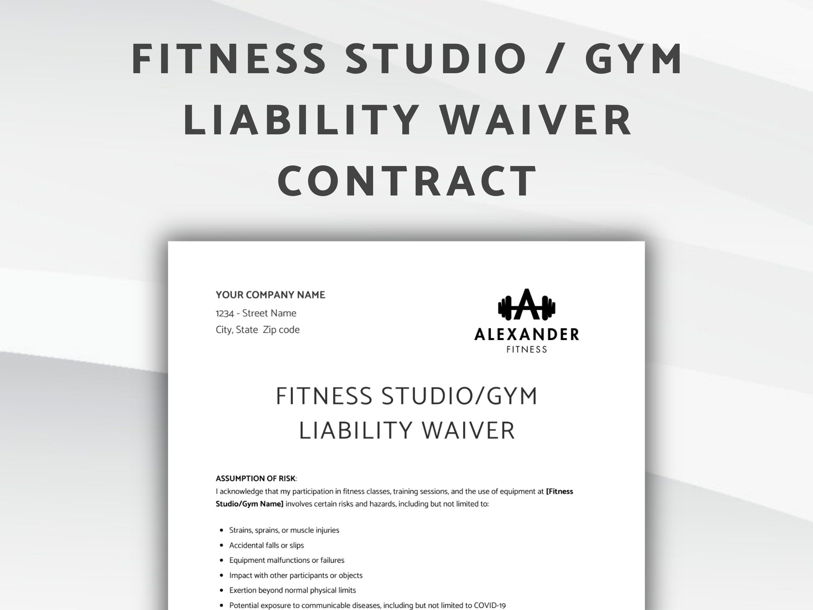 Fitness Studio / Gym Liability Waiver Document, Release of Liability ...