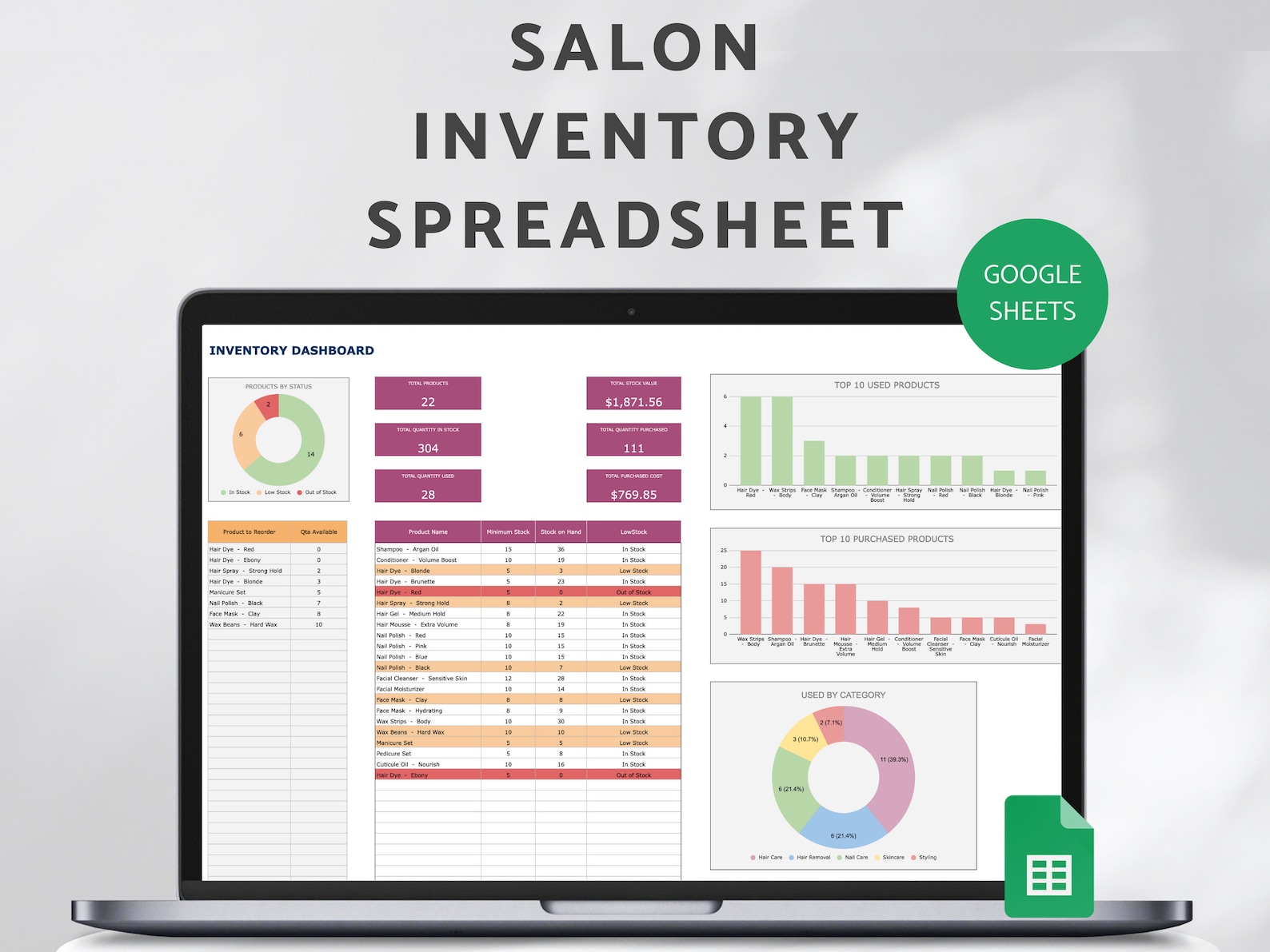 Salon Inventory Spreadsheet: Beauty Business Google Sheets Template - Etsy