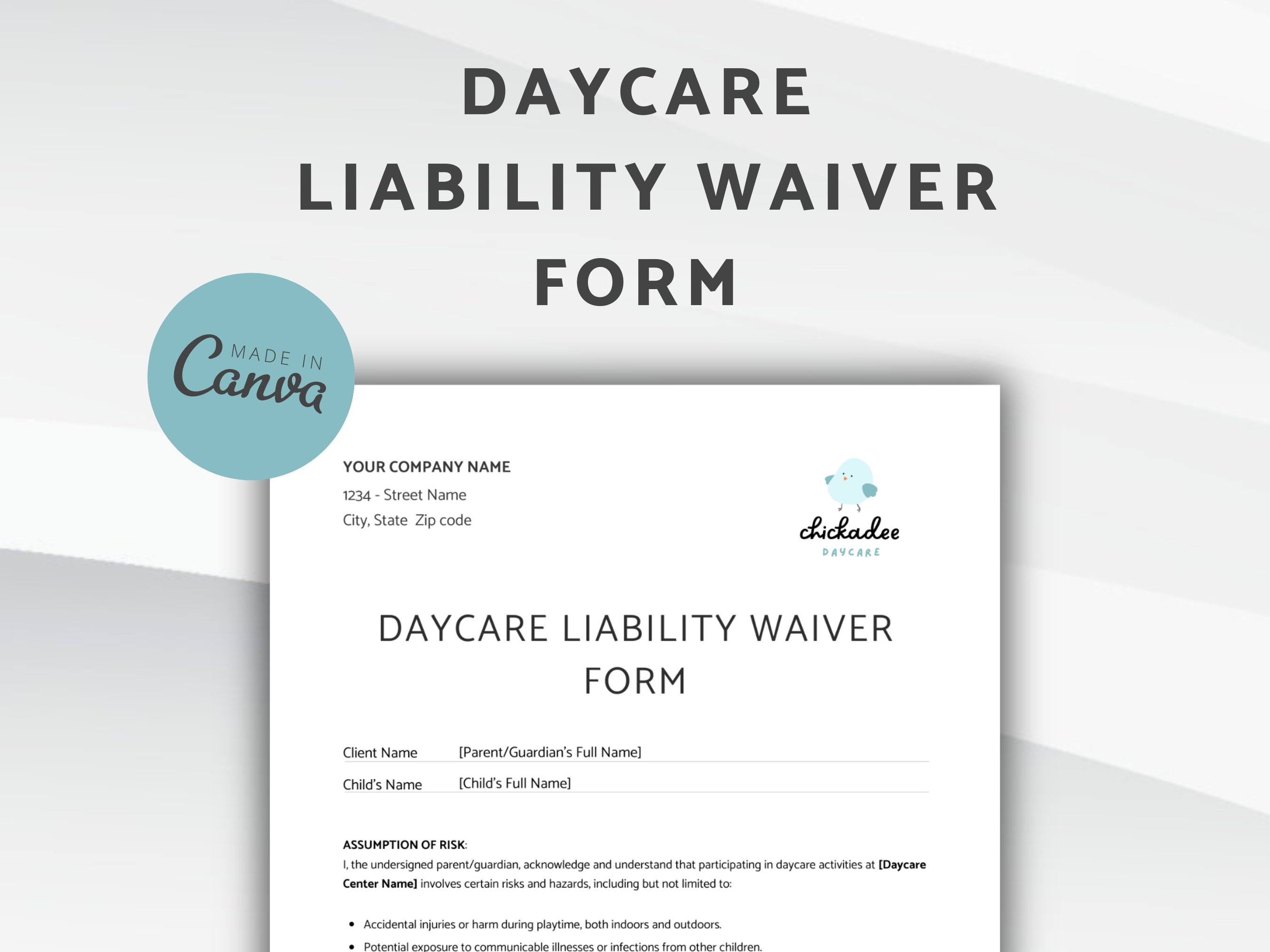 Daycare Liability Waiver Form, Release of Liability Agreement, Editable ...