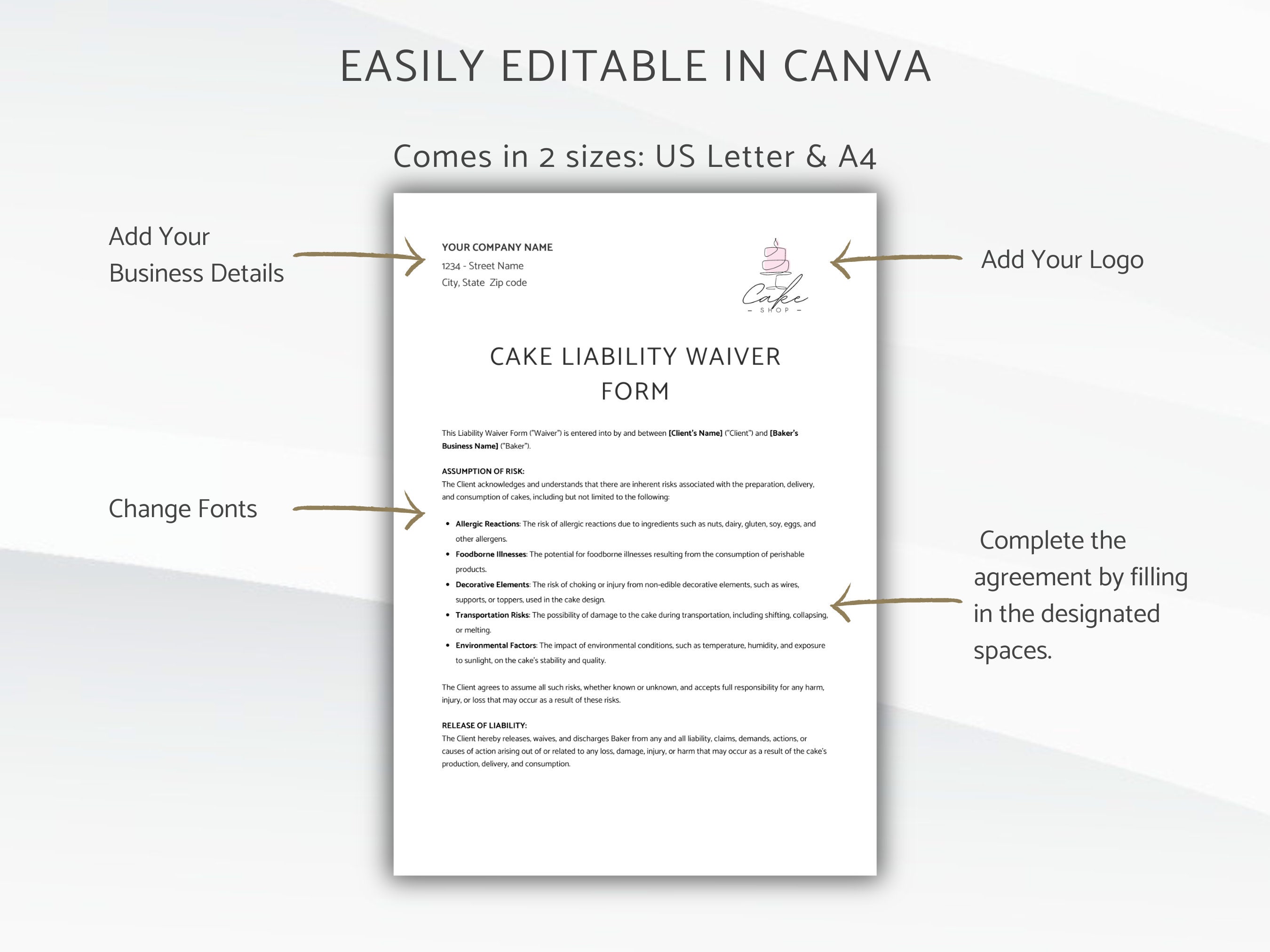 Cake Liability Waiver Template: Editable Baker Contract (digital ...