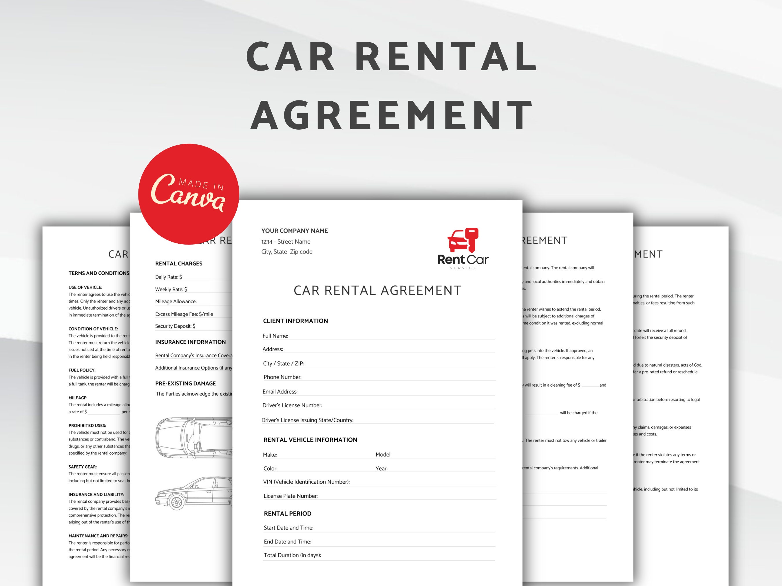 Car Rental Agreement, Vehicle Rental Contract, Automobile Rent Template ...