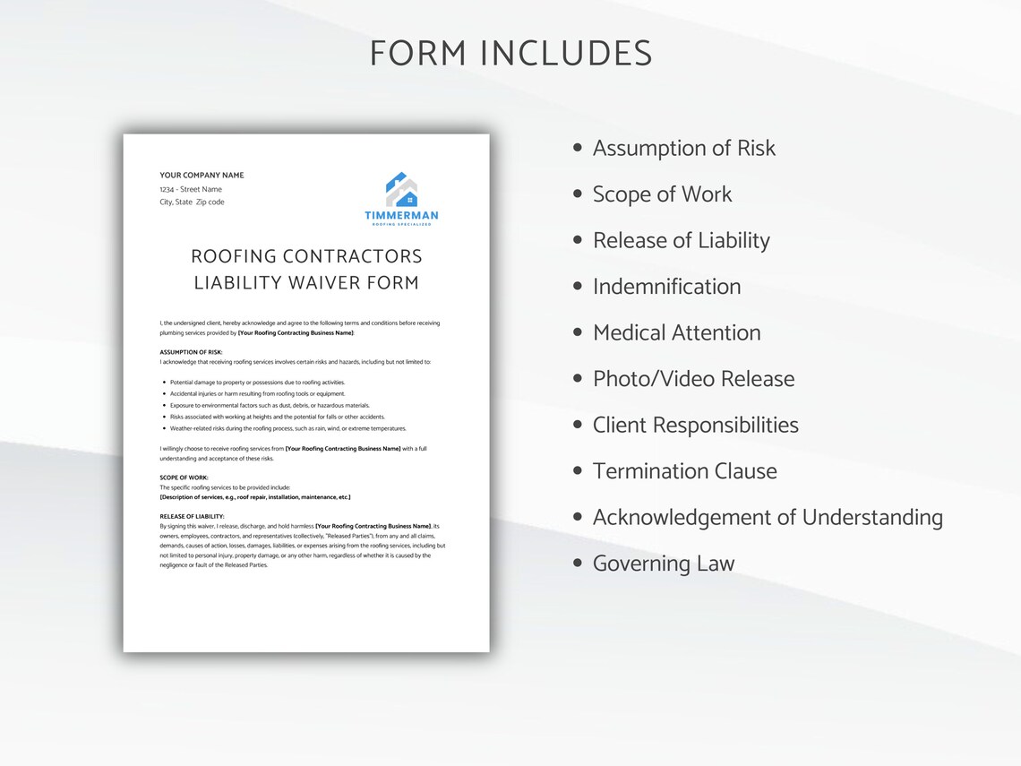 Roofing Contractors Liability Waiver Form, Release of Liability Agreement, Editable Liability ...