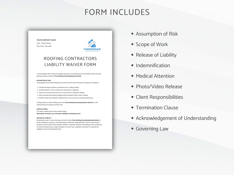 Roofing Contractors Liability Waiver Form, Release of Liability ...