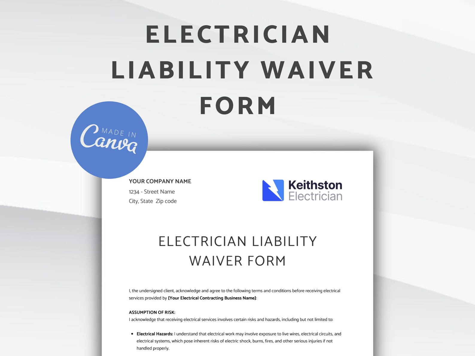 Electrician Liability Waiver Form: Editable Release Agreement (canva ...