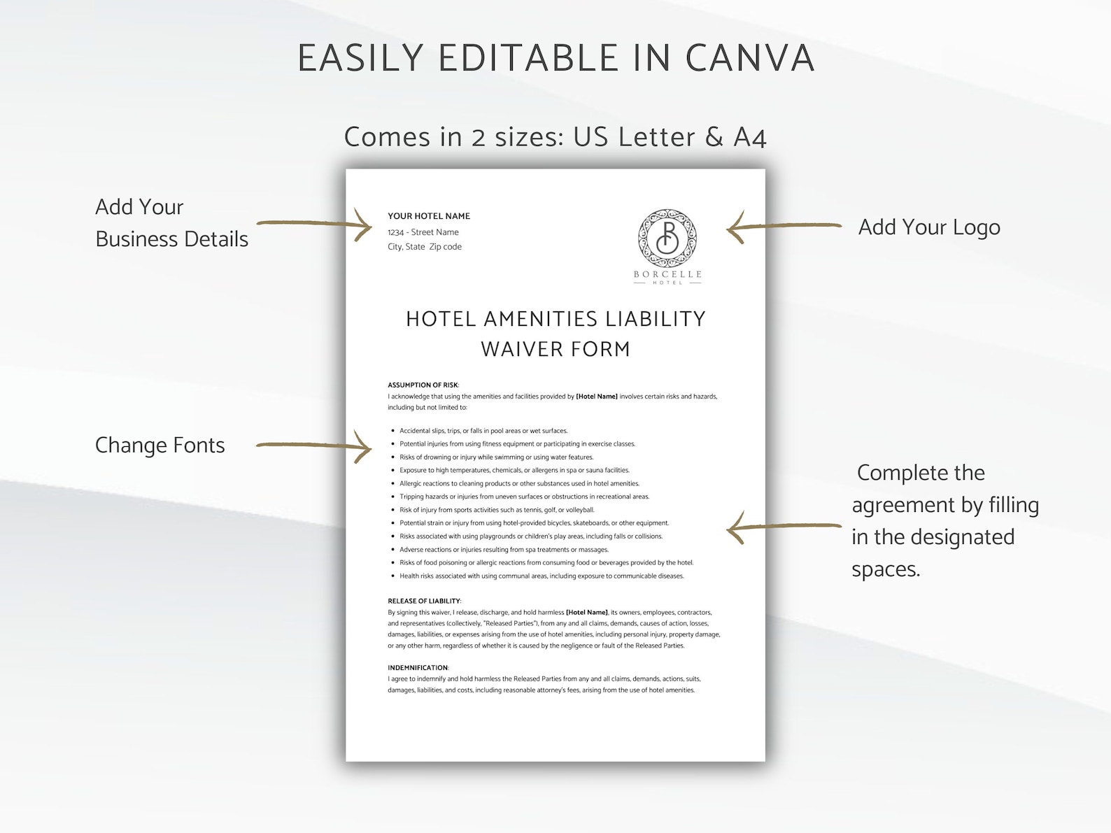 Hotel Amenities Liability Waiver Form: Editable Template (canva) - Etsy