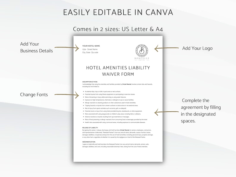 Hotel Amenities Liability Waiver Form: Editable Template (canva) - Etsy