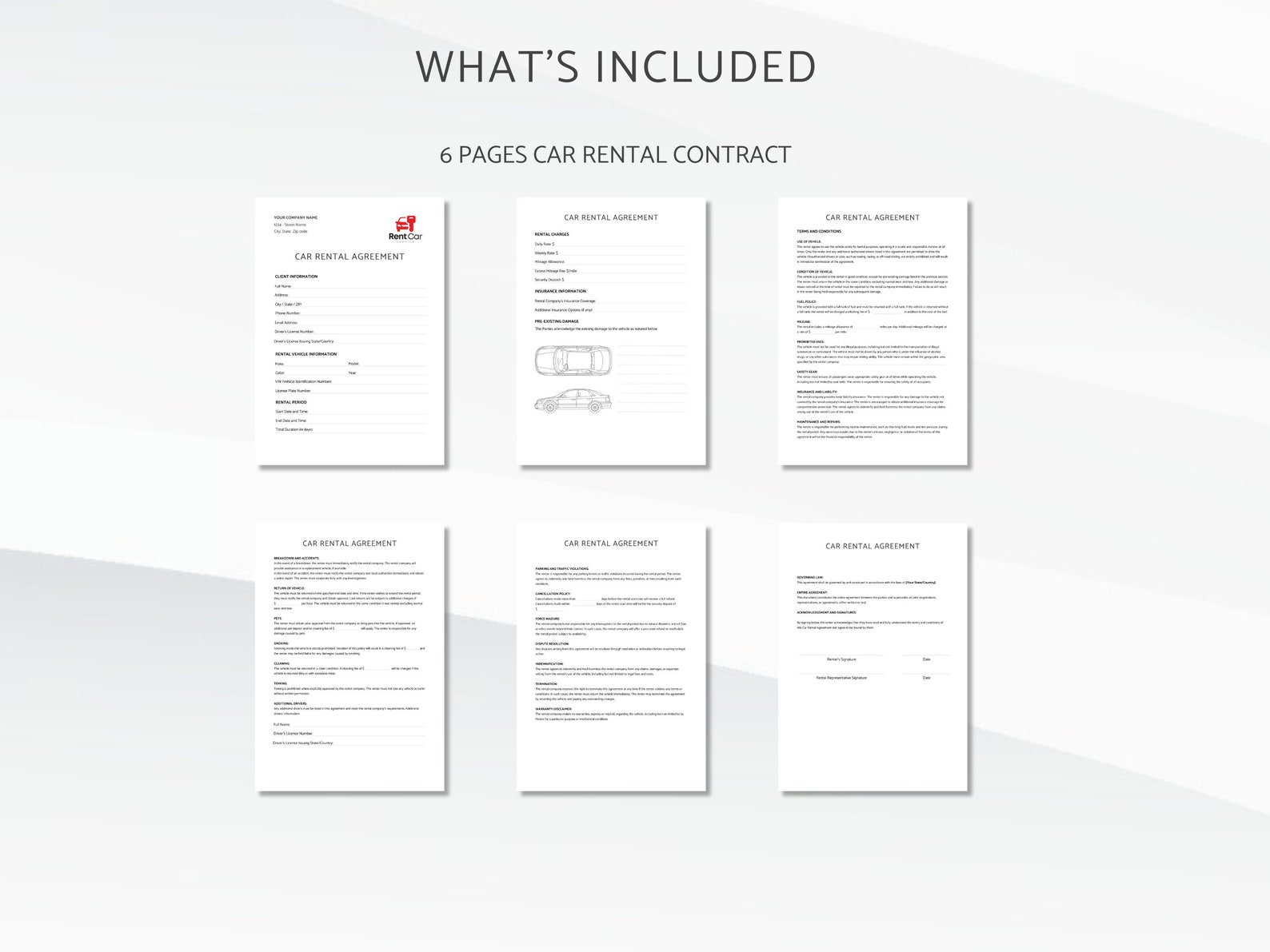 Car Rental Agreement, Vehicle Rental Contract, Automobile Rent Template ...