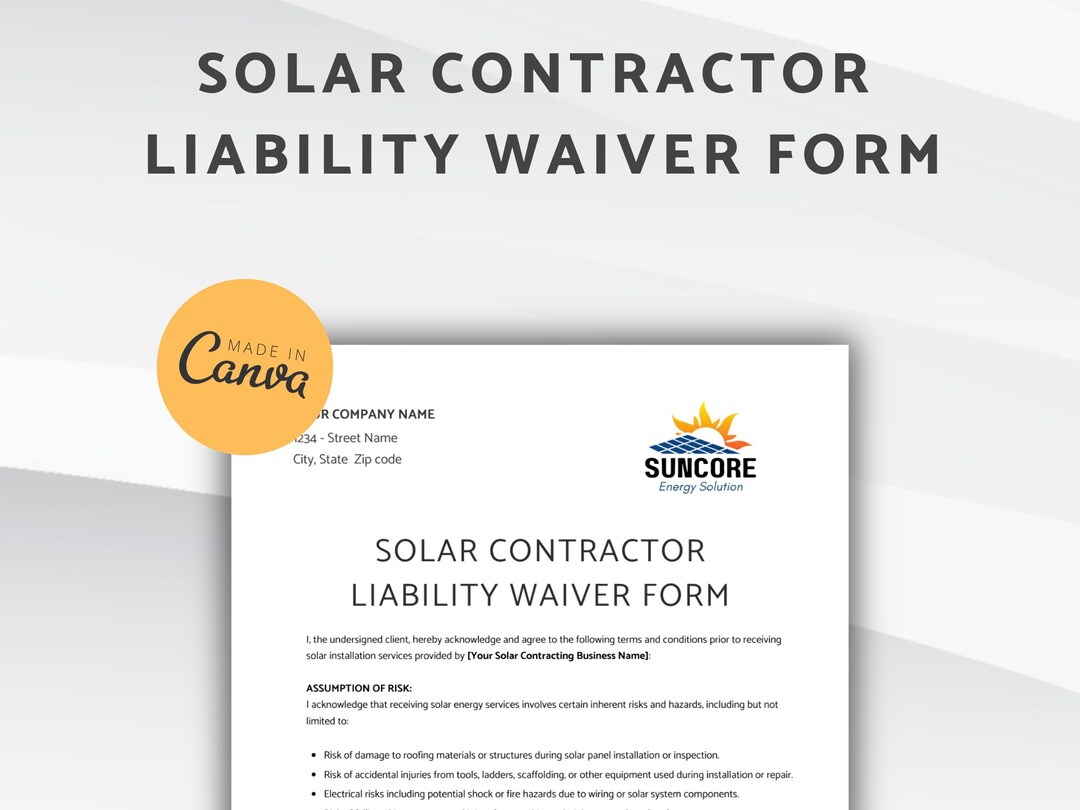 Solar Contractor Liability Waiver Form: Editable Template (A4/US Letter ...