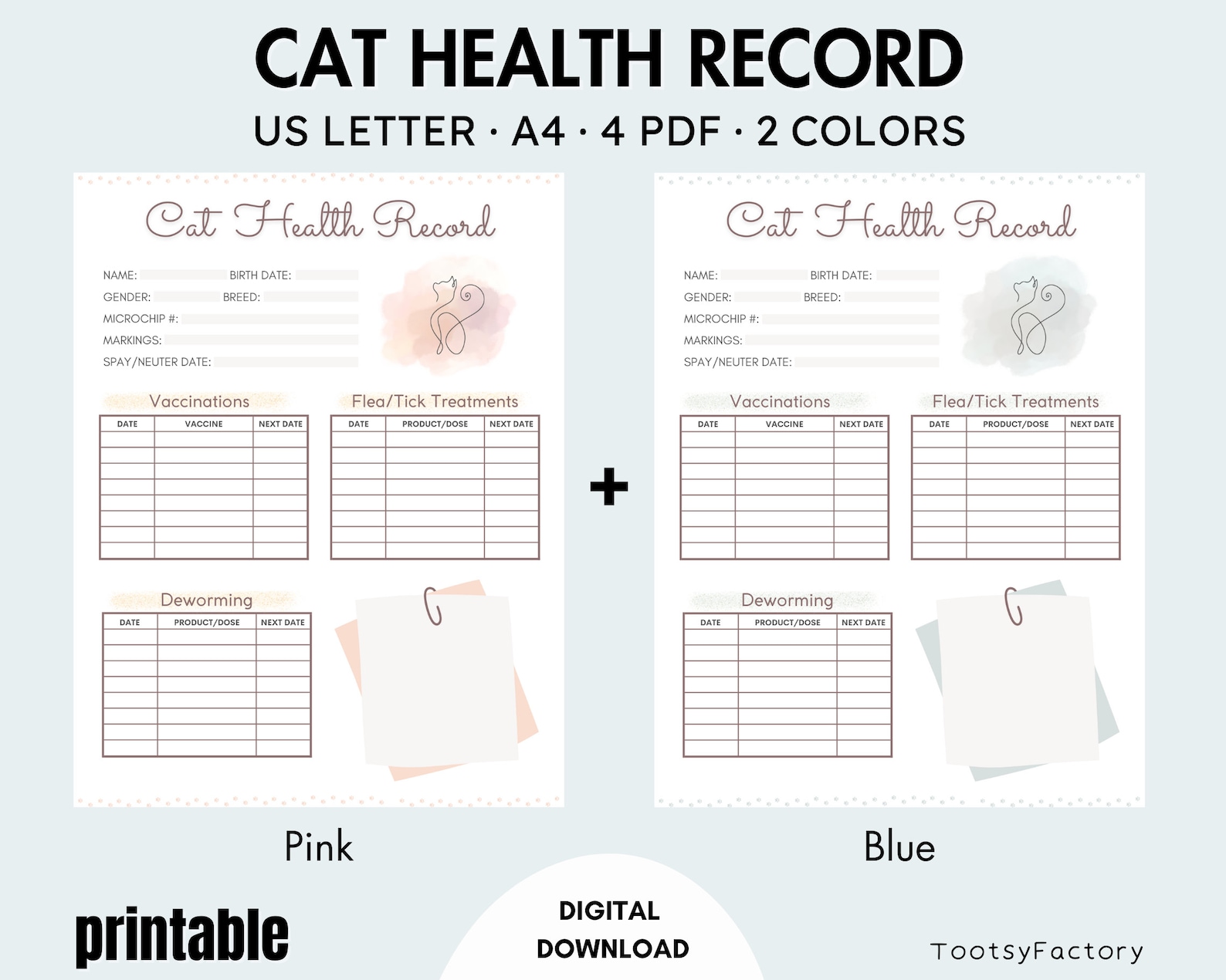 Cat Health Record, Printable Cat Shot Record, Kitten Kitty and Cat ...
