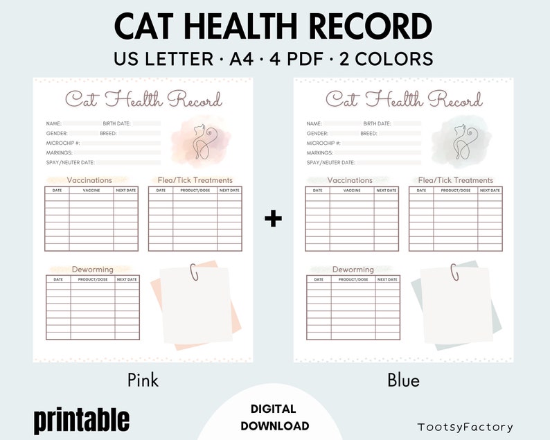 Cat Health Record, Printable Cat Shot Record, Kitten Kitty and Cat ...