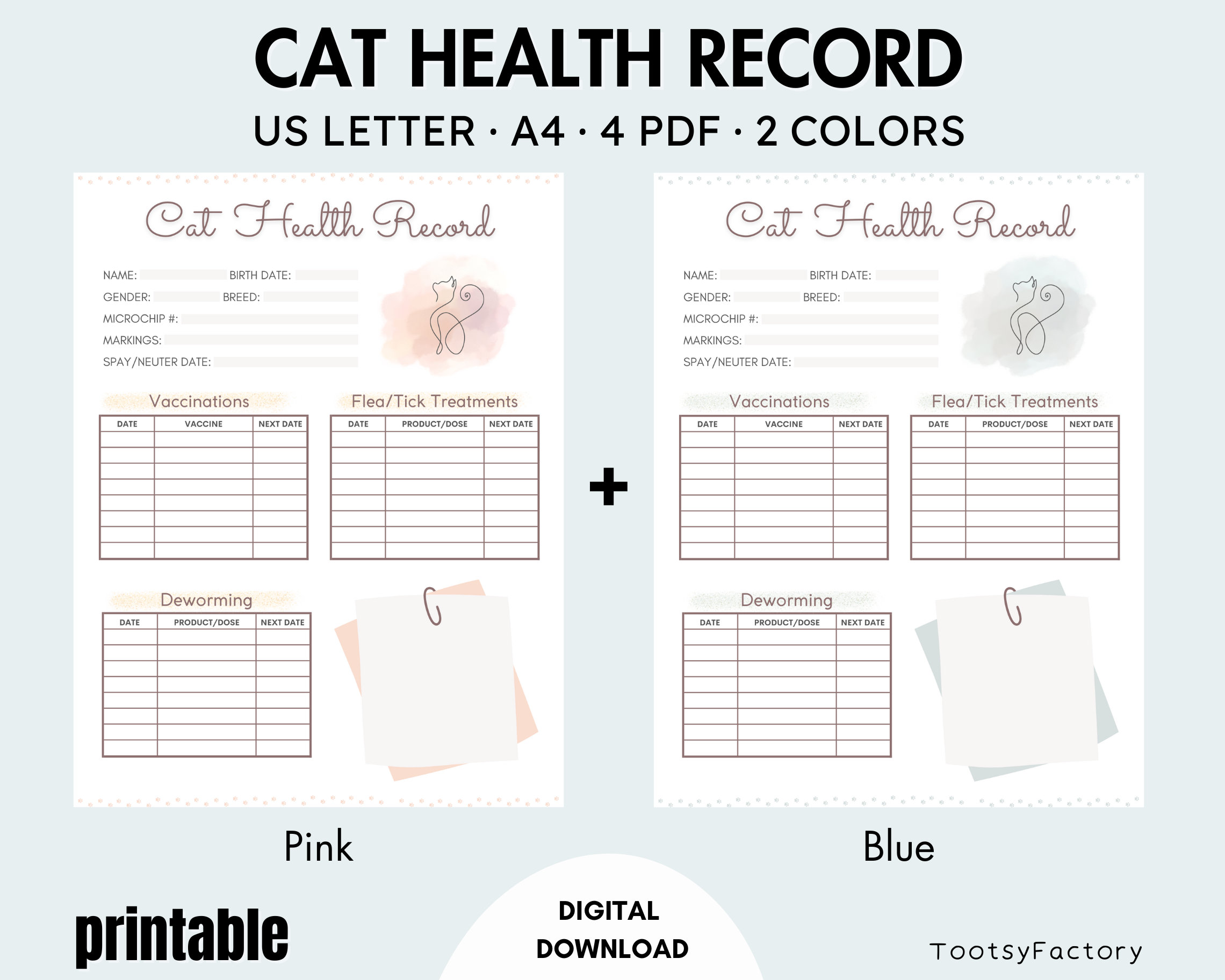 Cat Health Record, Printable Cat Shot Record, Kitten Kitty and Cat ...