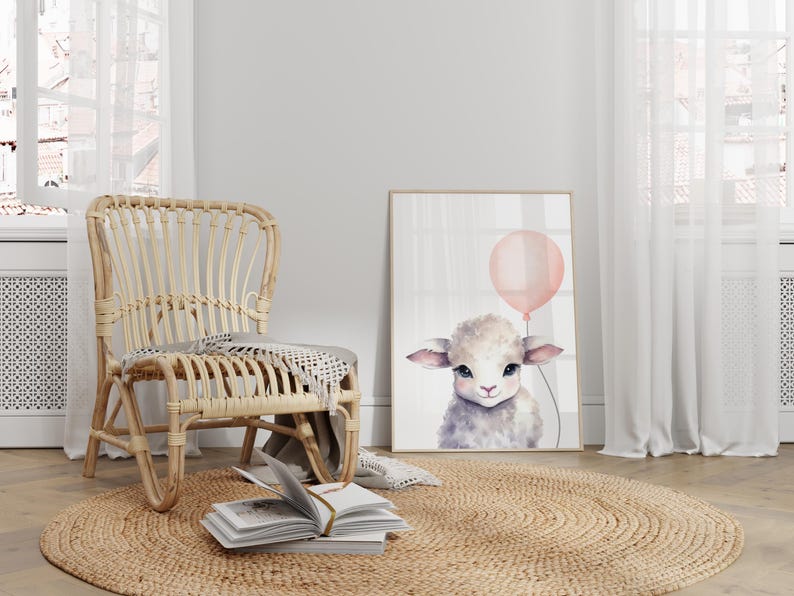 Baby Lamb Print, Lamb Balloon Poster, Nursery Wall Art Decor, Girls ...