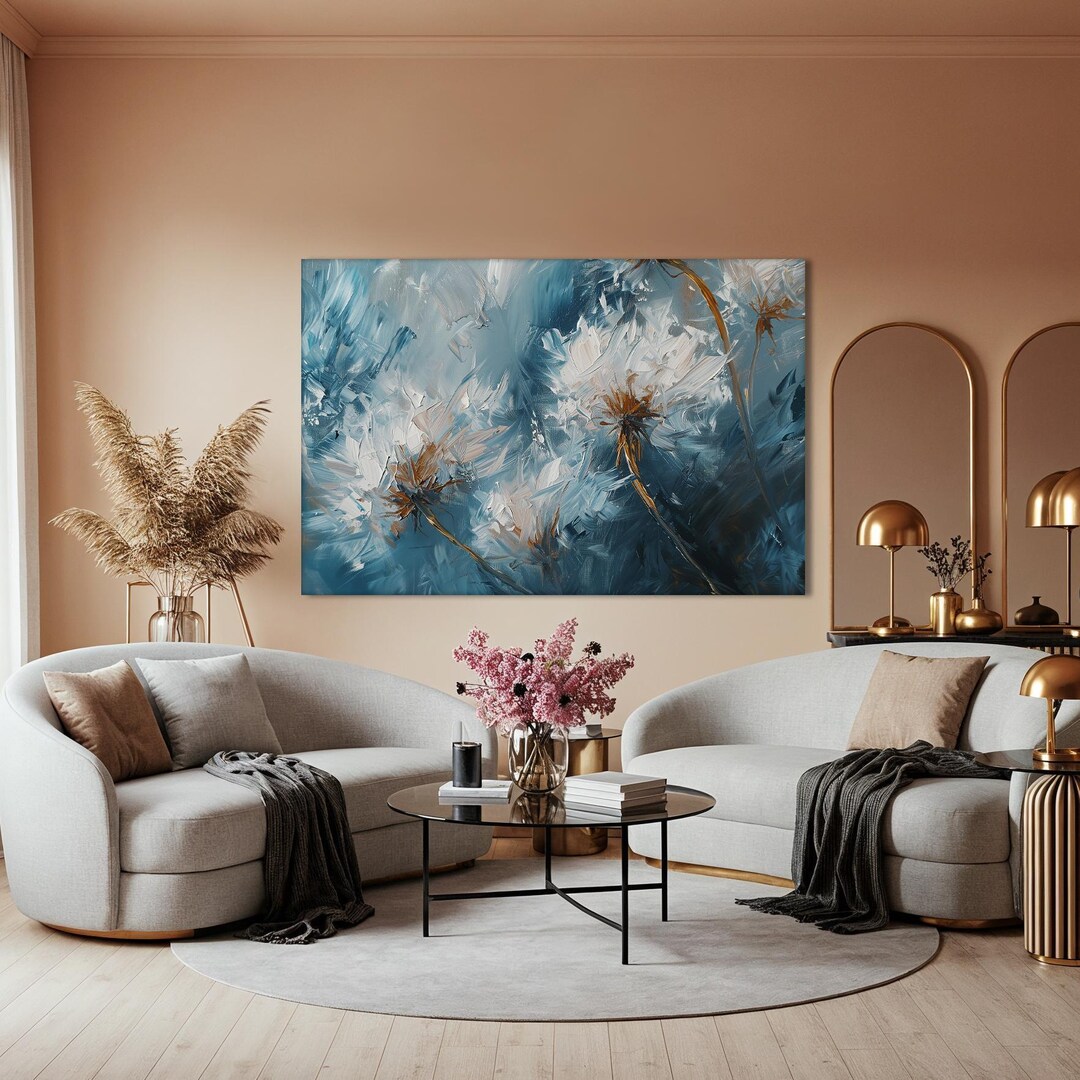Modern Floral Canvas Print | Teal Dandelion Oil Painting, Abstract ...