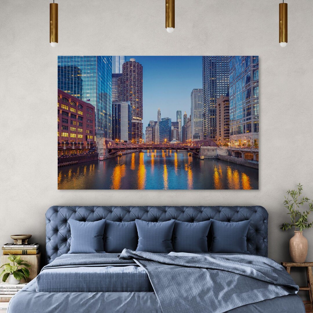 Chicago River Skyline Wall Art, Modern Cityscape Home Decor, Ready to ...