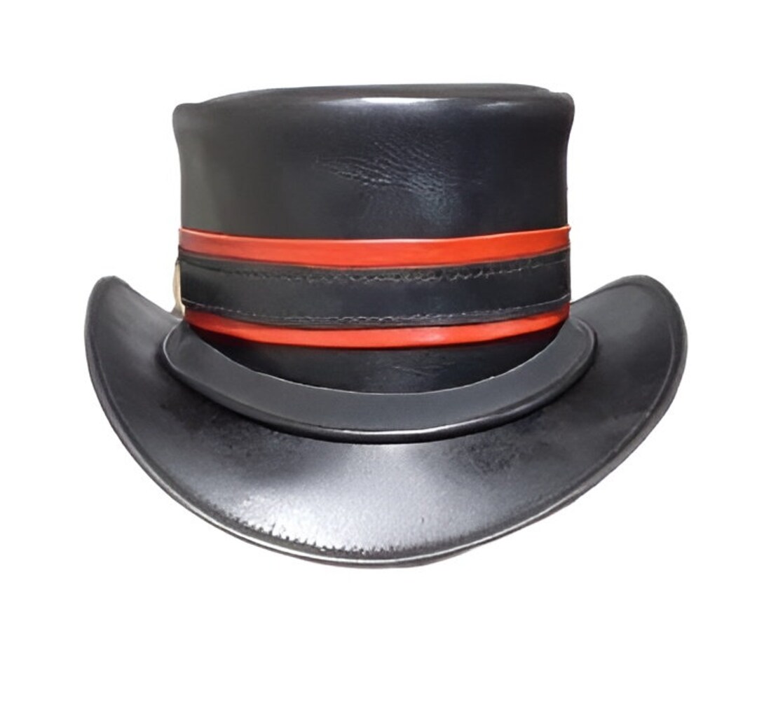 Rocker Black Leather Top Hat Handcrafted Leather Hat , Strap Style Band ...
