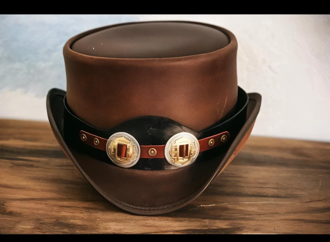 Brown Leather Top Hat Hand Crafted Top Hat Conchos Band Gothic Hat ...