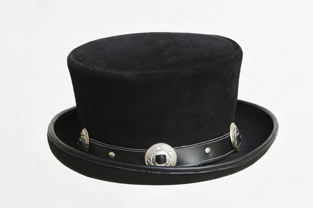 Rocker Black Suede Leather Top Hat Handcrafted Leather Hat , Conchos ...