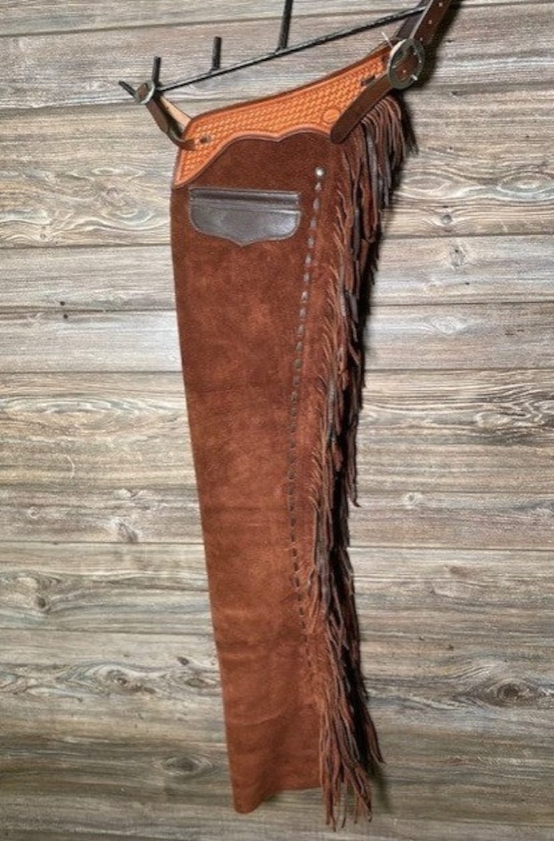 Men Chap Hand Crafted Tooled Yoke Native American Cowboy Style Suede ...