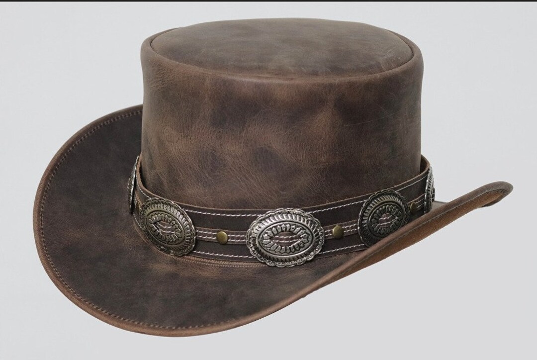 Brown Leather Top Hat Handcrafted Pale Rider , Conchos Style Band ...