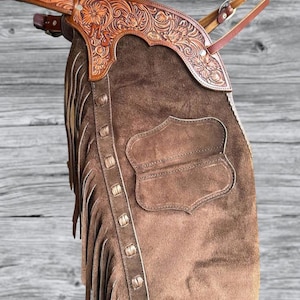 Men Chap Hand Crafted Tooled Yoke Native American Cowboy Style Suede ...