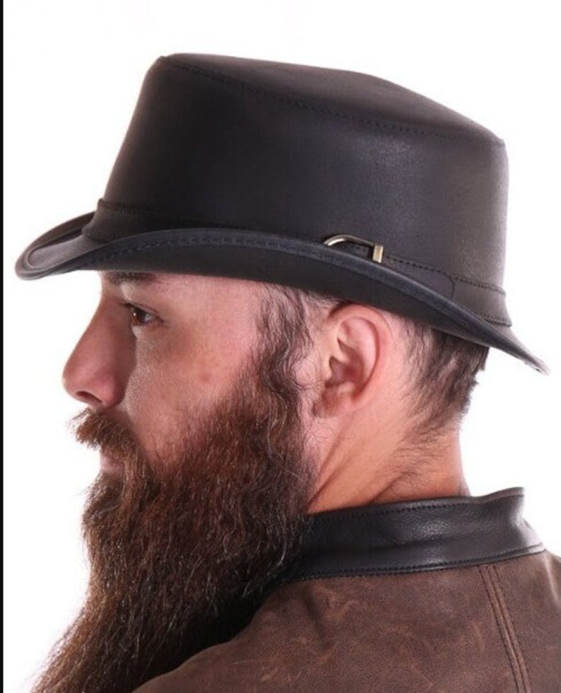 Brown & Black Leather Top Hat Handcrafted Buckle Style Band Gothic Hat ...