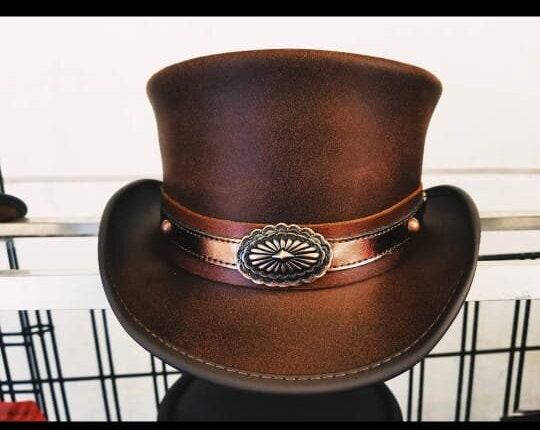Brown Leather Top Hat Handcrafted Leather Hat , Conchos Style Band ...