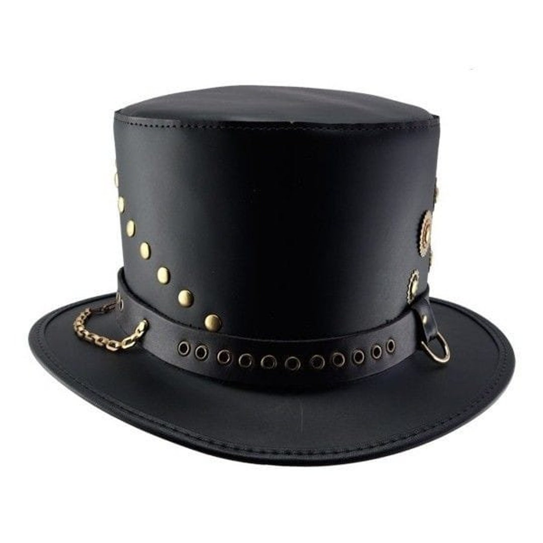Black Leather Top Hat Handcrafted Top Hat Silver Ring Style Band Gothic ...