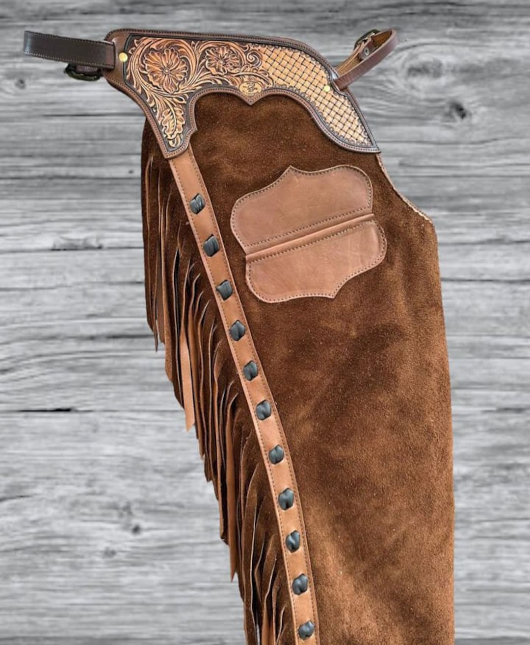 Men Chap Hand Crafted Tooled Yoke Native American Cowboy Style Suede ...