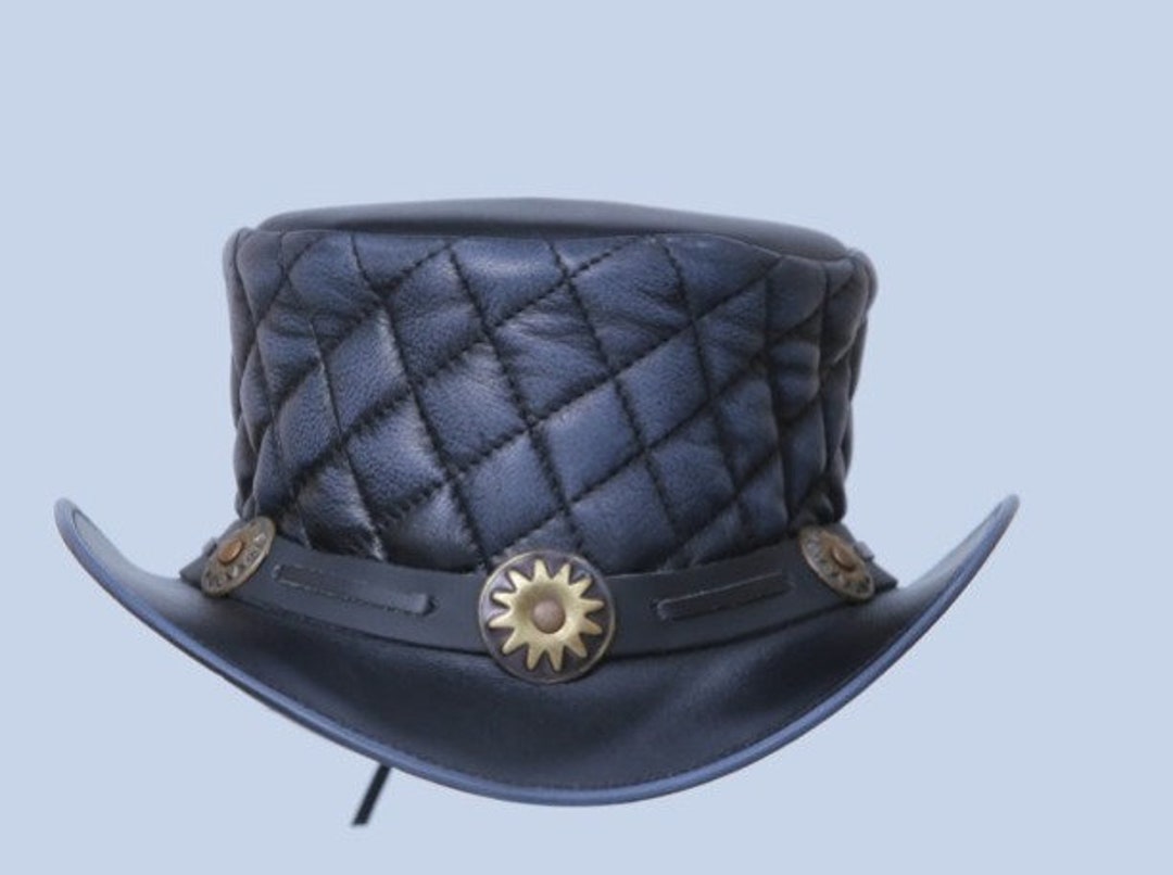 Black Leather Wax Quilted Top Hat Handcrafted Leather Hat , Conchos ...