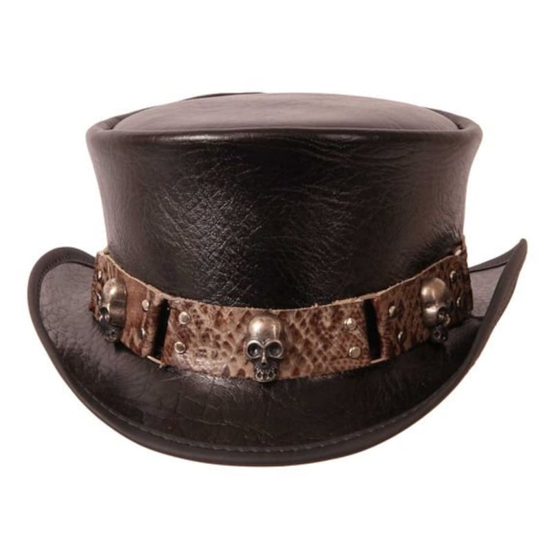 Black Leather Top Hat Handcrafted Top Hat Skulls Style Band Gothic Hat ...