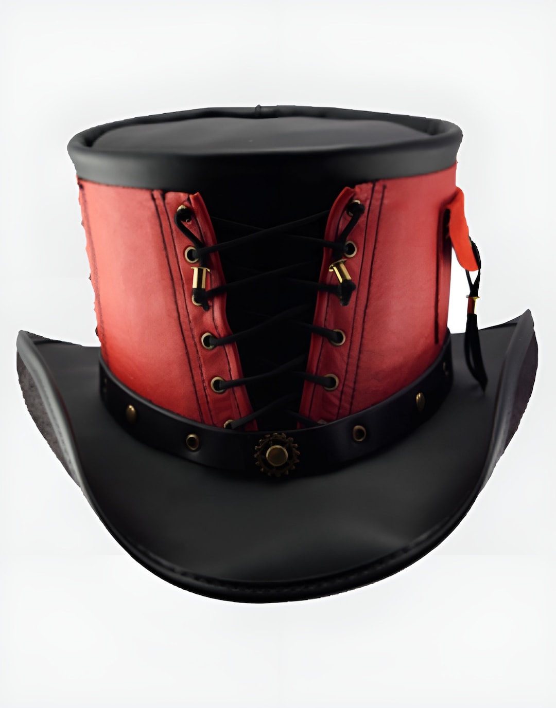 Black & Red Leather Top Hat Handcrafted Top Hat Corset Style Gothic Hat ...