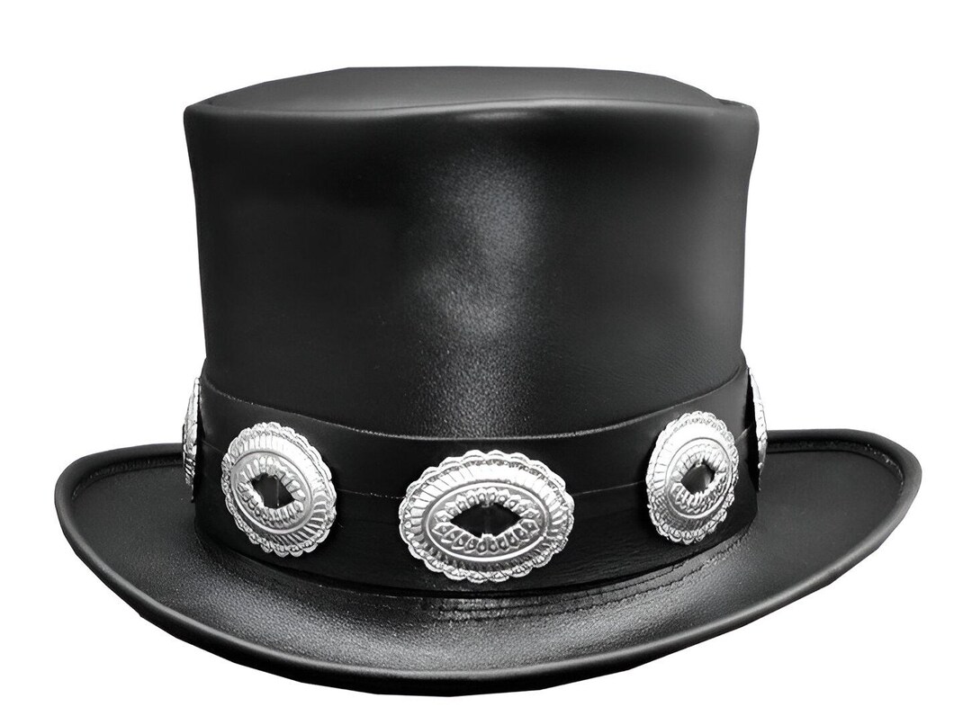 Rocker Black Leather Top Hat Handcrafted Leather Hat , Conchos Style ...