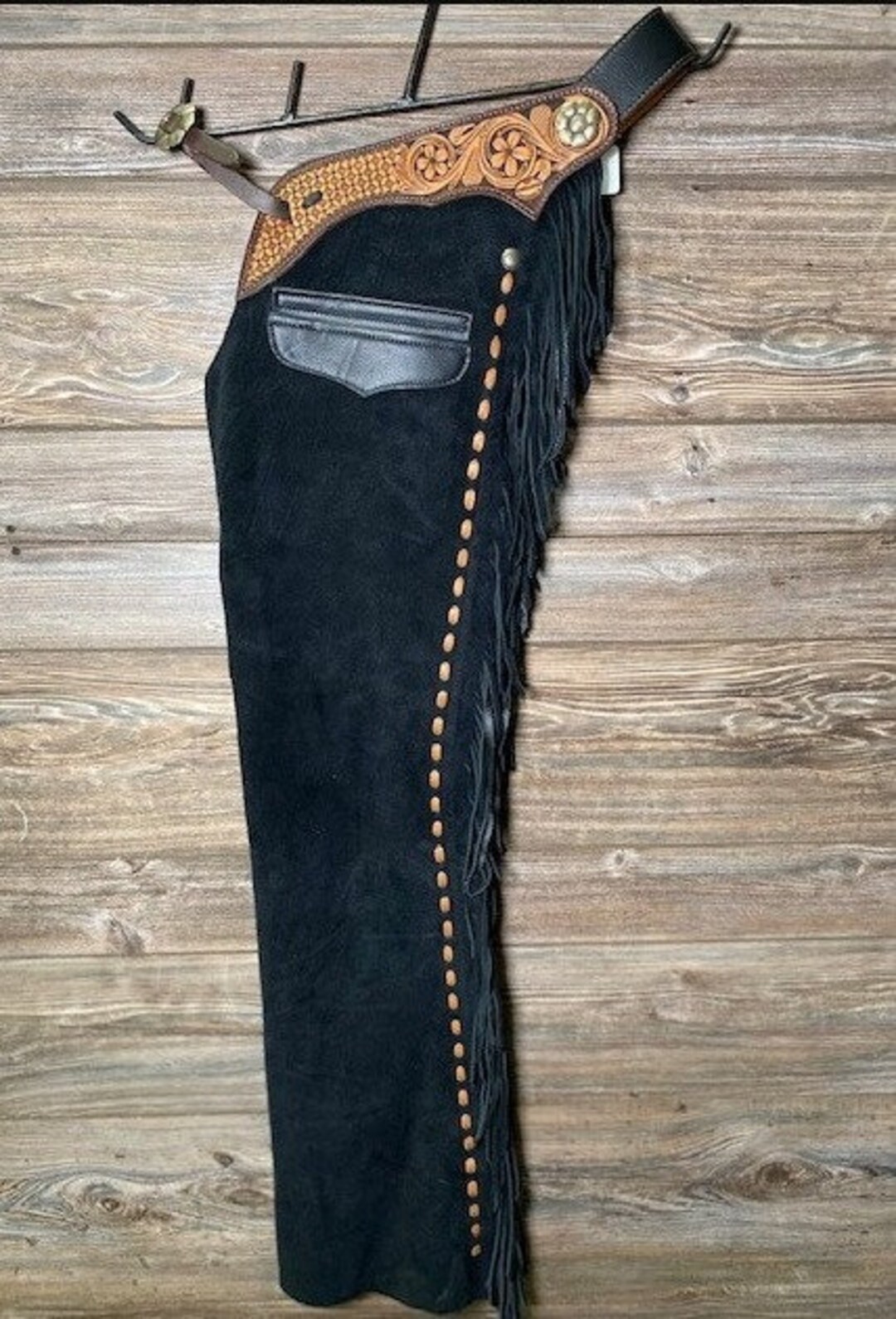 Men Chap Hand Crafted Tooled Yoke Native American Cowboy Style Suede ...