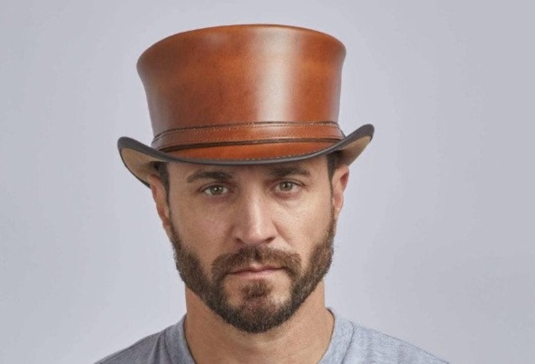 Tan Brown Leather Contrass Style Top Hat Handcrafted Top Hat Plain Band ...