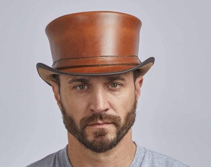 Tan Brown Leather Contrass Style Top Hat Handcrafted Top Hat Plain Band ...