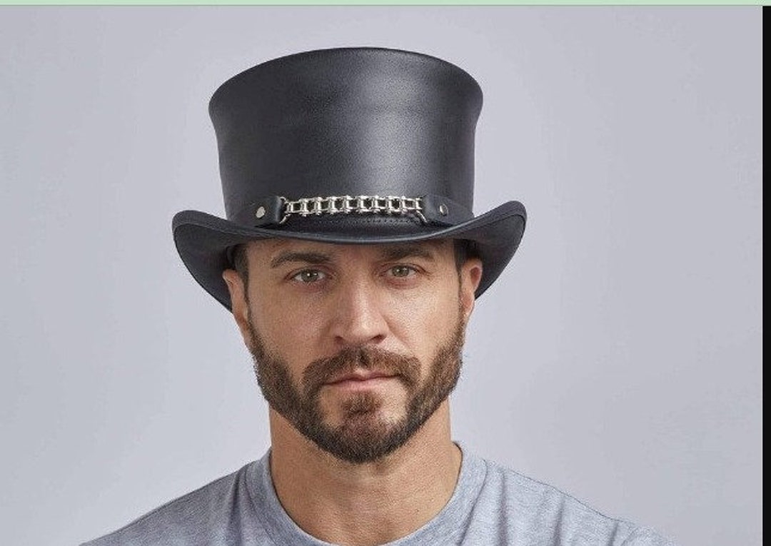 Black Leather Bike Chain Band Style Top Hat Handcrafted Top Hat Gothic ...